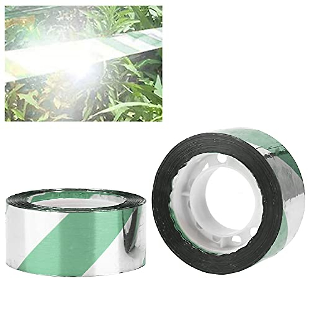 GLOGLOW Reflective Scare Birds Tape, Garden Orchard Accessories Bird Scare Ribbon Reflective Scare Tape Thick for Scare Birds Away(2 Pieces of Green Silver, 80m)