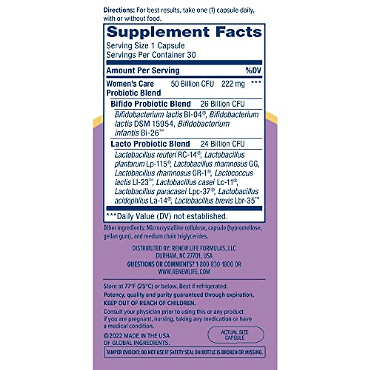 Renew Life Probiotics for Women, 50 Billion CFU Guaranteed, Probiotic Supplement for Digestive, Vaginal & Immune Health, Shelf Stable, Soy, Dairy & Gluten Free, 30 Capsules