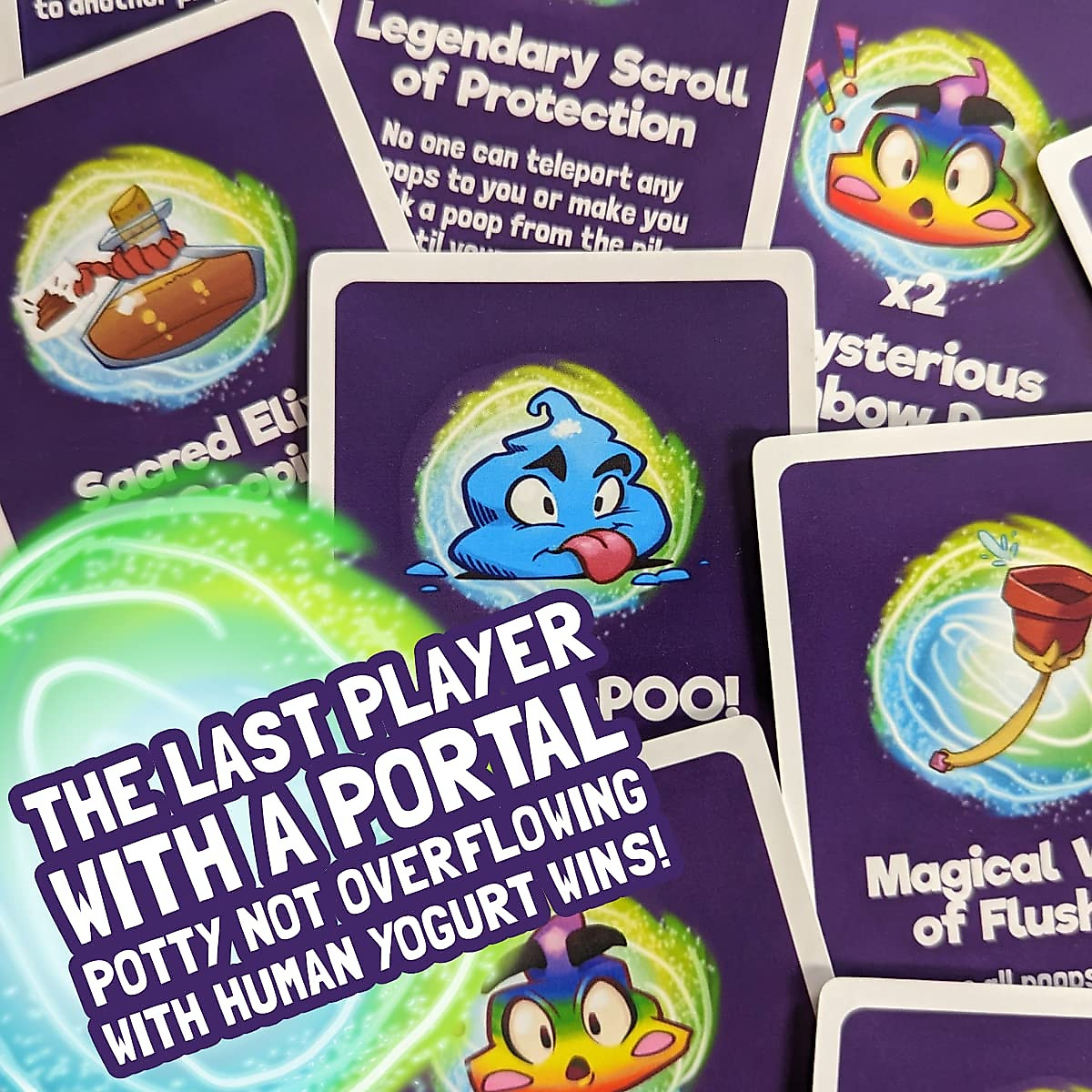 Rookie Mage Games Portal Potties - Funny Last Wizard Standing Board Games for Adults & Kids - Includes Playing Cards, Poop Emoji Tokens, Colorful Potty Boards - 2 to 4 Players, Ages 7+