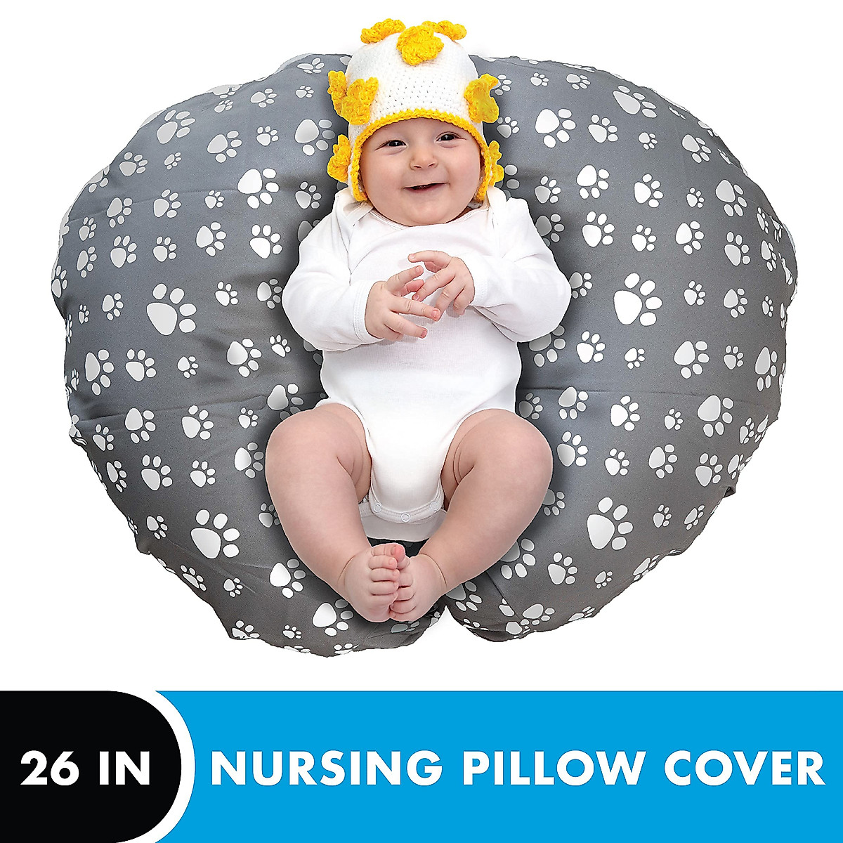 Mommy Leche Nursing Pillow Cover for Baby Girls and Boys | Soft Water Resistant and Machine Washable Fabric | Unisex Grey Paw Print Design | Great for Breastfeeding and Bottle Feeding Mothers