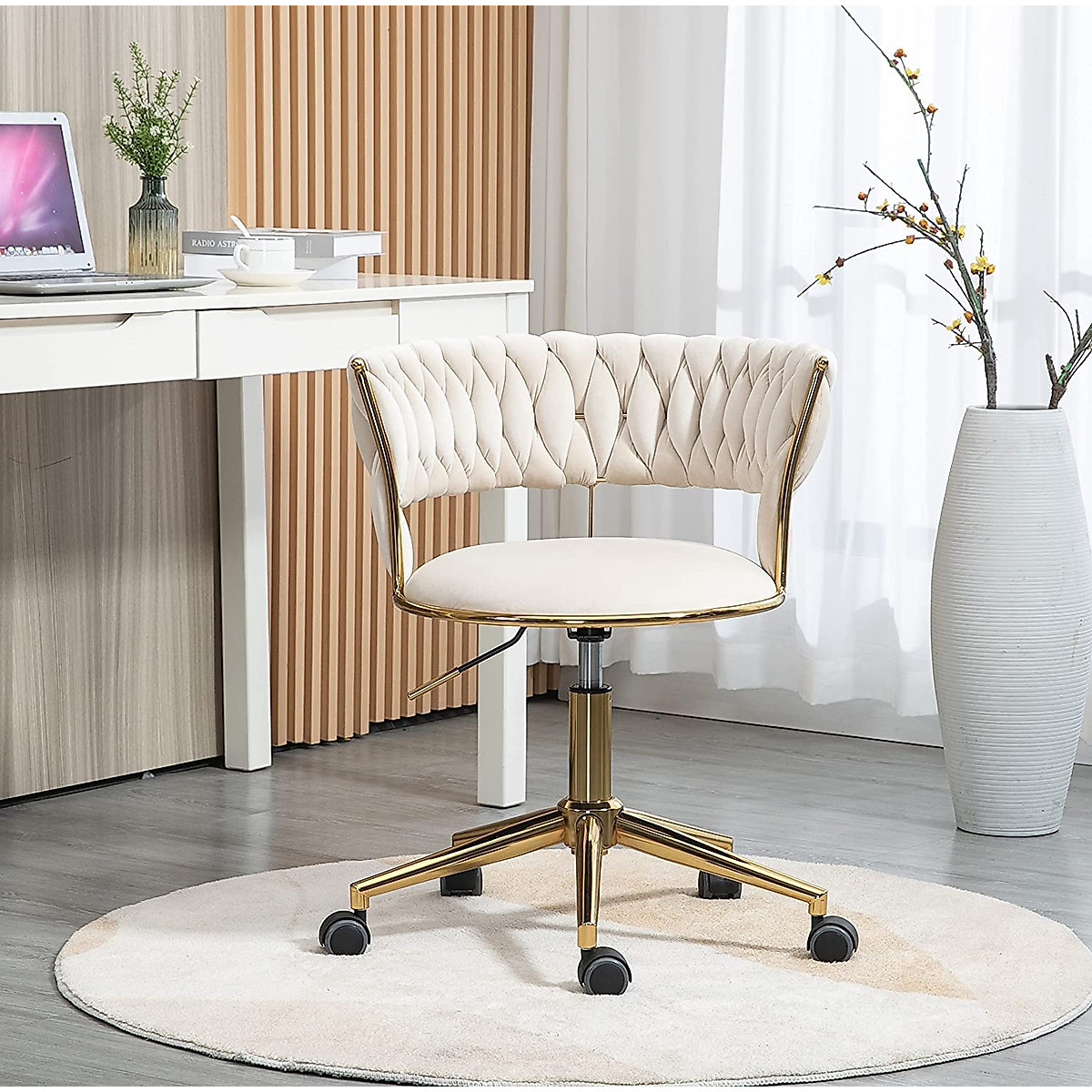 Goujxcy Velvet Swivel Chair, Velvet Desk Chair with Gold Base, Cute Makeup Vanity Chair for Women Girls, Woven Back Adjustable Armchair Task Computer Chair for Home Office Bedroom Living Room, Beige