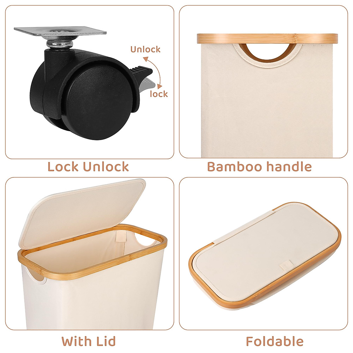 Merkisa 60L Slim Laundry Basket with Wheels,Narrow Hampers for Laundry,Freestanding Laundry Hamper with Lid&Bamboo Handles,Collapsible & Waterproof Tall Cloth Hamper for Dorm Family(Beige)