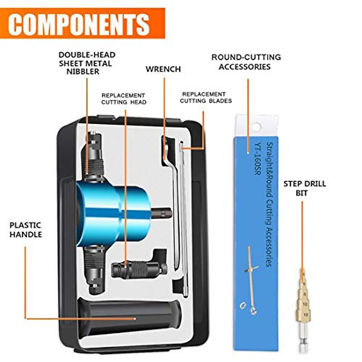 REXBETI Double Head Sheet Nibbler Metal Cutter, Quality Nibbler Drill Attachment for Straight Curve and Circle Cutting, Maximum 14 Gauge Steel