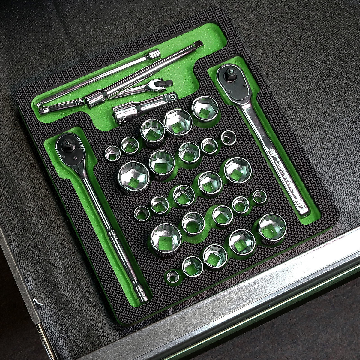 Polar Whale Tool Drawer Organizer Socket Holder Insert Green and Black Durable Foam Strong Tray Holds 25 Sockets and More Fits Craftsman Husky Kobalt Milwaukee and Many Others