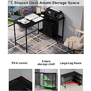 WOODYNLUX L Shaped Computer Desk - Home Office Desk with Shelf, Gaming Desk Corner Table for Work, Writing and Study, Space-Saving, Black