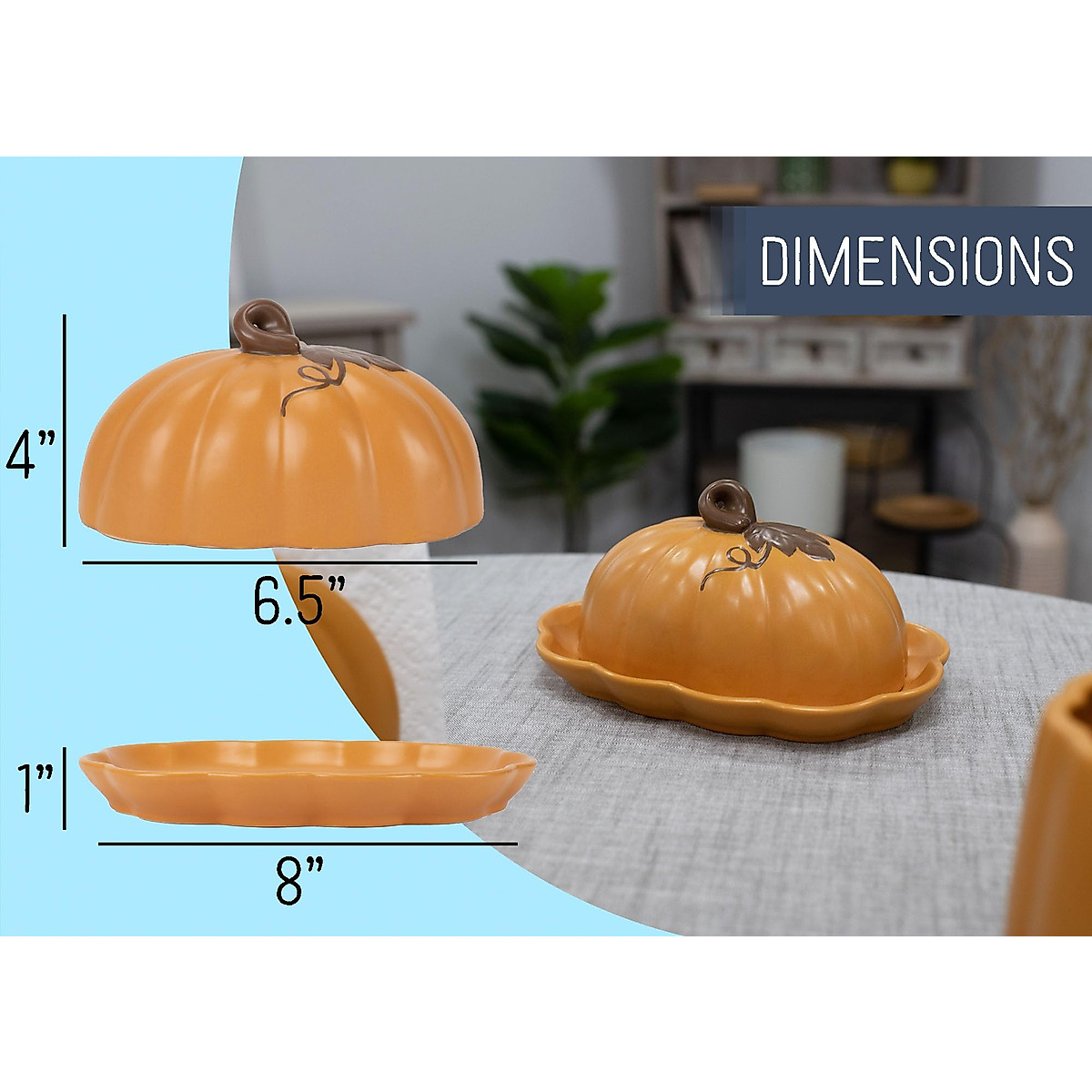Nat & Jules Pumpkin Shaped 8 x 6 Inch Ceramic Scalloped Covered Lid Butter Dish: Perfect for decorating table settings for Thanksgiving, Halloween & Indoor Fall Décor, Orange