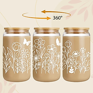 GSPY Floral with Butterfly Iced Coffee Cup, 16oz Iced Coffee Glasses with Lids and Straws - Cute Glass Cups, Aesthetic Cup, Glass Tumbler - Birthday, Mothers Day Gifts for Women, Coffee Lovers