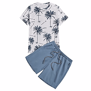 Milumia Men's Tropical Printed Short Sleeve Tee and Drawstring Pocket Shorts Set Multicolored Medium