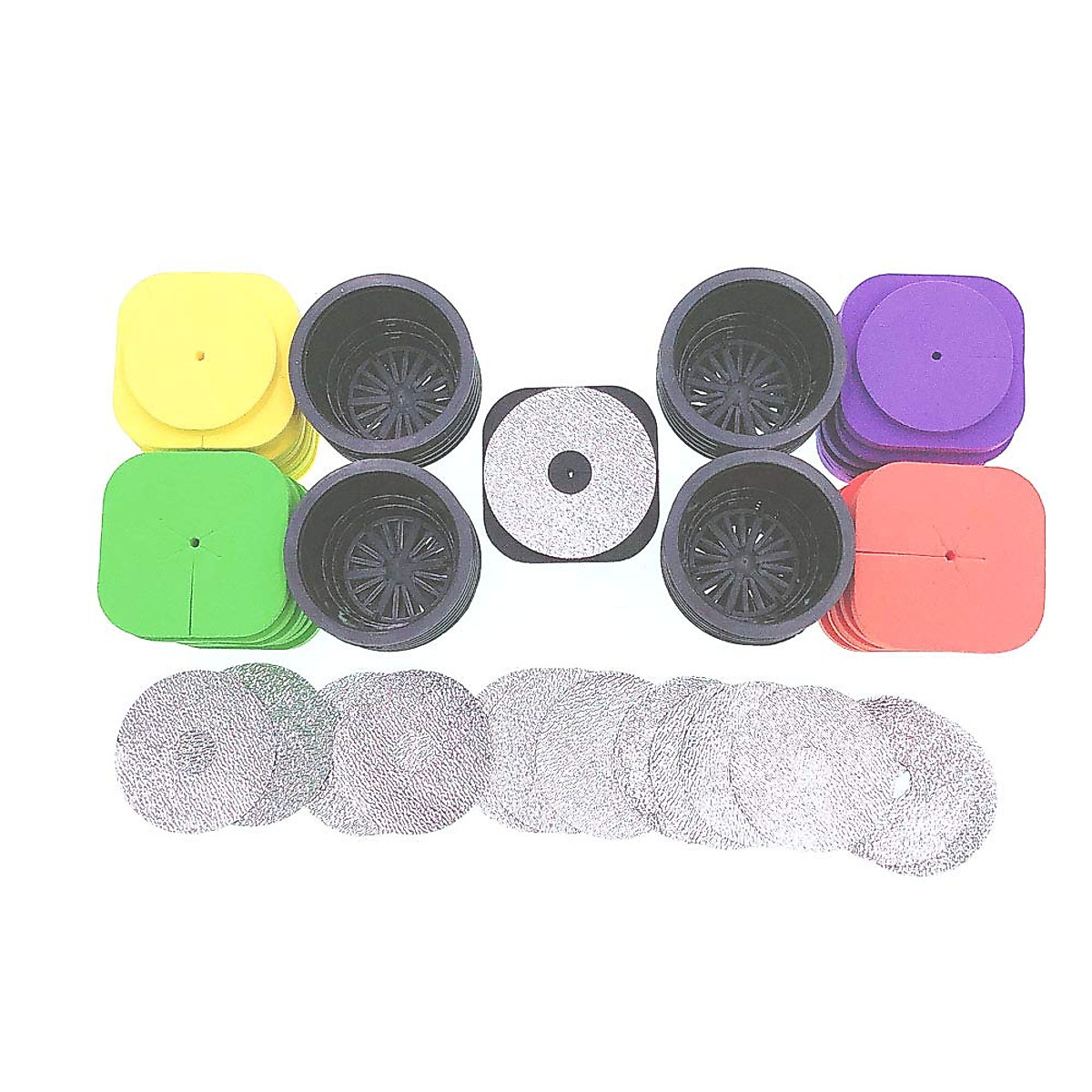 HORTIPOTS 2-Layered Clone Collars w 2 in Net Pots & Reflective Lids, Replacement for 24-Sited DWC Cutting Clone & Seedling Root System (4-Colored Pack of 25)
