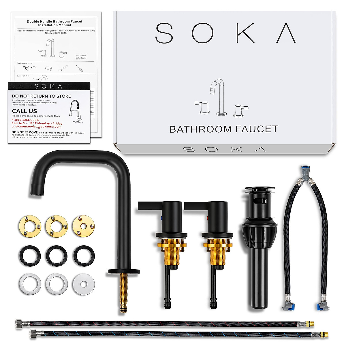 SOKA 8-16 Inch Widespread Bathroom Faucet 2 Handles Matte Black Commercial Sink Touch 3 Pieces Vanity Lavatory 360 Degree Rotating Faucet Pop Up Drain Assembly, Matte Black - L, 8 INCH L - Head