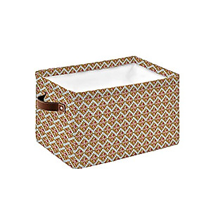 Brown Flowers Storage Bins with Handles, Hand Draw Pattern Vintage Linen Texture Storage Basket for Shelves, Cube Storage Organizer Bins for Toys, Closet (1 Pack, 15" x 11" x 9.5")