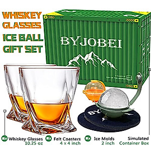 Whiskey Glasses Set, 2 Twisted Old Fashioned Lowball Bar Tumblers 2 Ice Ball Molds 2 Coasters In Gift Box, 11 Oz Rock Barware for Bourbon Scotch Cocktail Vodka, Unique Gifts for Men