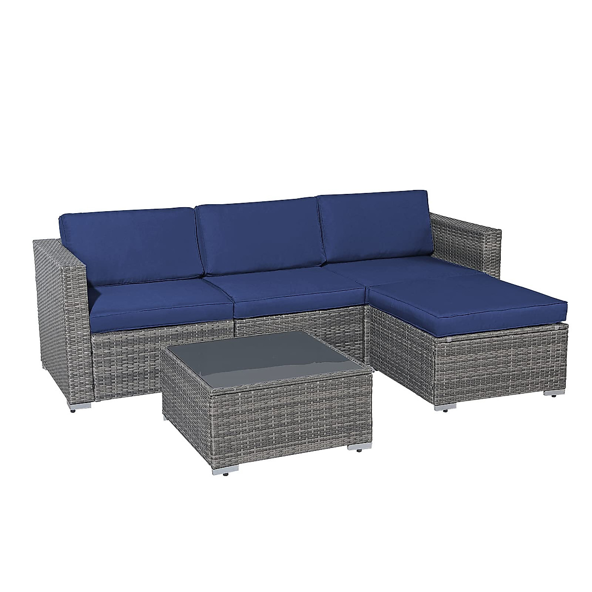 Patiorama 5 Piece Outdoor Patio Furniture Set, Outdoor Sectional Conversation Set, All-Weather Grey PE Wicker w/Navy Blue Cushions, Outdoor Backyard Porch Garden Poolside Balcony Furniture Set