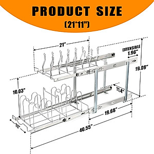 BONADOM Pans and Pots Lid Kitchen Slide Out Pull Cabinet Organizer for Lid Cookware Cutting Board Bakeware Shelf Sliding Wire Rack-2 Tier Heavy Duty Under Sink 11”W x 21”D x 19.09”H