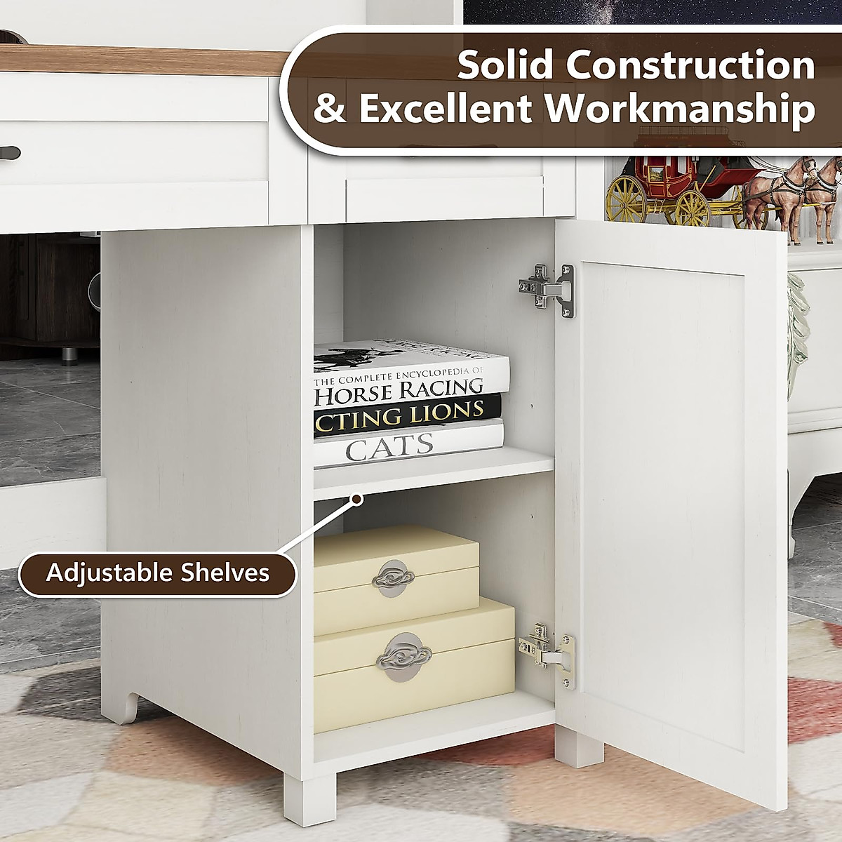 Vabches Farmhouse 47" Desk, Executive I-Shape with 3 Drawers, Storage Cabinet, Hutch, Charging Hub for Home Office