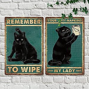 EastLink Vintage Funny Black Cat Signs, Duplex Printed Retro Bathroom Signs Home Wall Decor, Cat Poster for Restroom Bedroom Kitchen Bar Office, Cat Decor for Cat Lovers 8x12 Inches, 2PCS