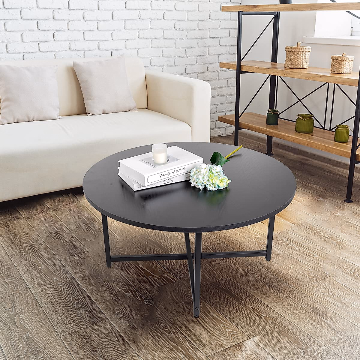 Round Coffee Table Modern Coffee Table Sofa Table Tea Table for Living Room, Office Desk, Balcony, Wood Desktop and Metal Legs,23.6inch Black