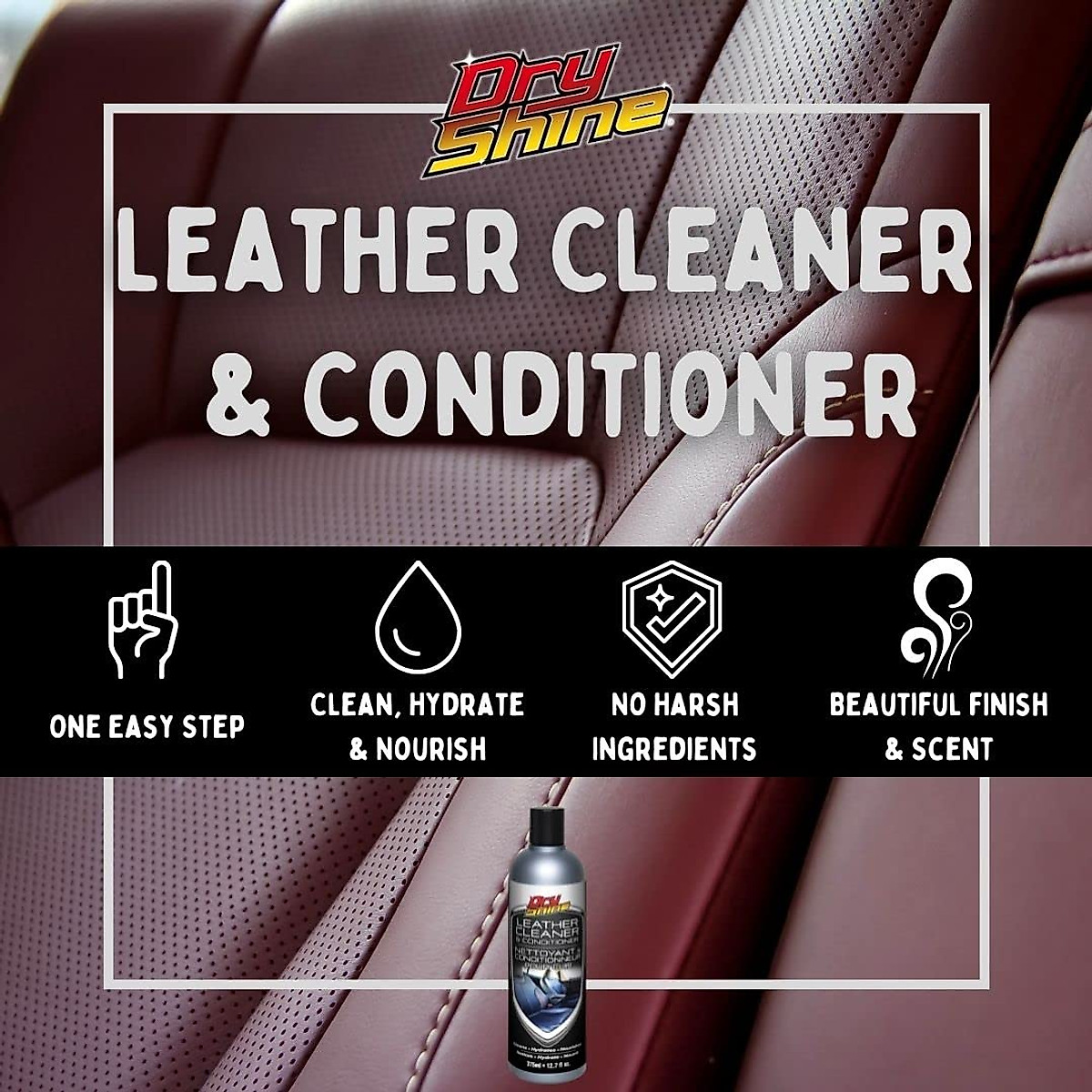 Dry Shine Leather Cleaner and Conditioner 2 Pack Plus 2 Microfiber Cleaning Pads/Premium Car Leather Seat Cleaner and Conditioner/Car Interior Cleaning Kit/Leather Couch Cleaner/Sofa Cleaner