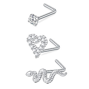 D.Bella 20G L Shaped Nose Studs Surgical Stainless Steel Nose Rings Stud Diamond Snake Heart Opal Nostril Nose Ear Tragus Cartilage Piercing Jewelry -Silver