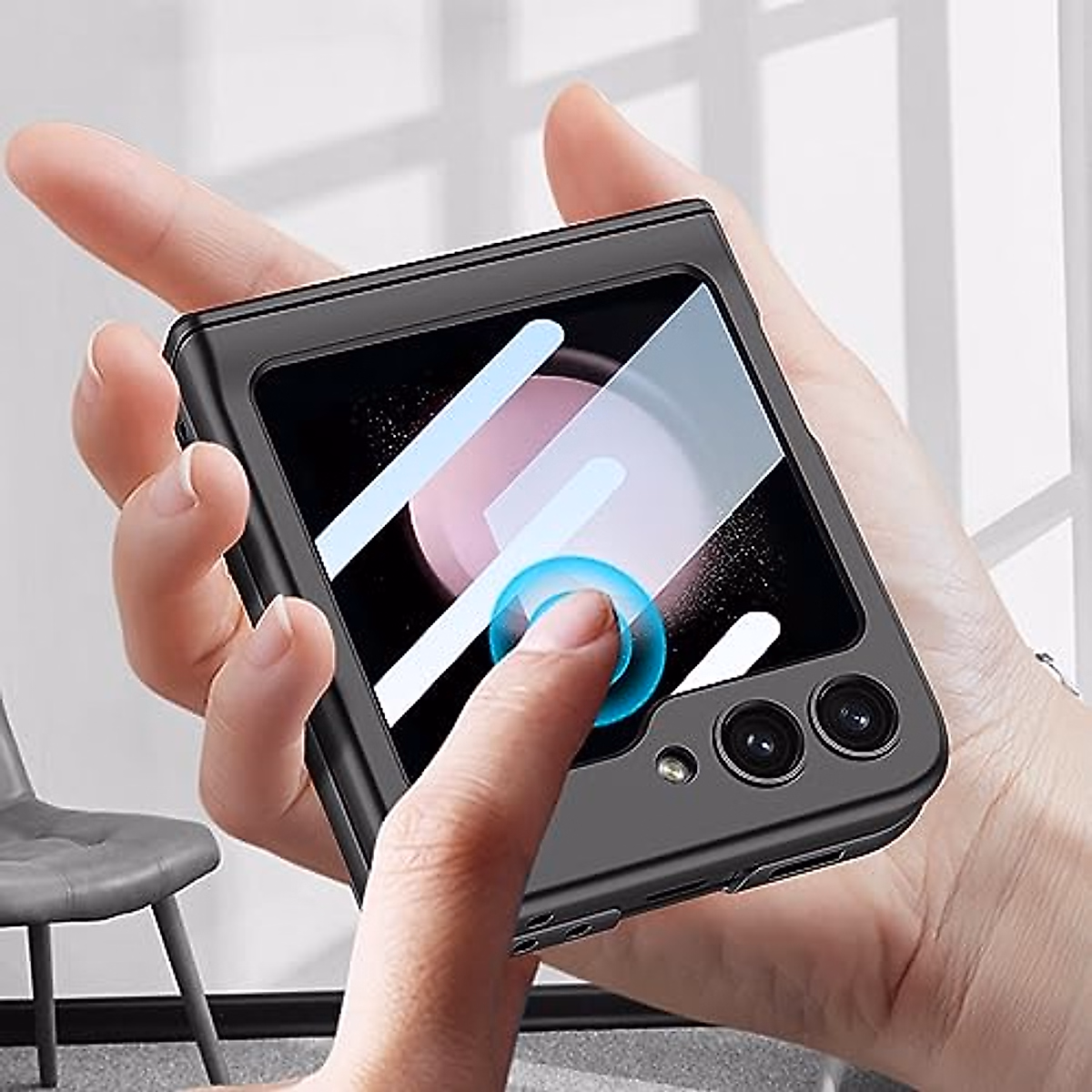 Magnetic Folding Phone Case for Samsung Galaxy Z Flip 5, All Inclusive Phone Protective Case for Flip5, Solid Color with Glass Screen Protector (Black)