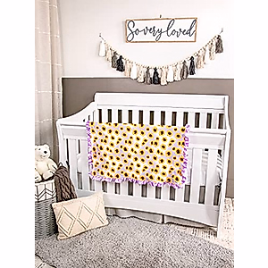 Top Tots Baby Blanket - Small Sunflowers with Purple Minky Dot & Satin Ruffle, 31 x 31 Inch Yellow