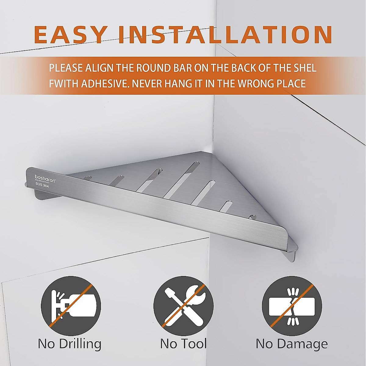 Adhesive Corner Shower Caddy, Stainless Steel Shower Storage Rack for Inside Shower No Drilling Wall Mounted Shower Shelf, Shower Corner Organizer Shelves for Bathroom and Kitchen (Silver-1 Pack)