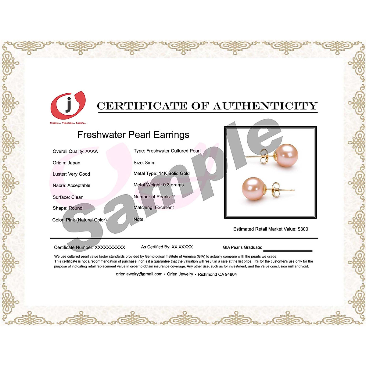 Japanese Freshwater Cultured Pearl Earrings Stud AAAA Graded 8mm Pink Stud Earrings for Women with 14K Gold Settings and Jewelry Gift Box - Orien Jewelry