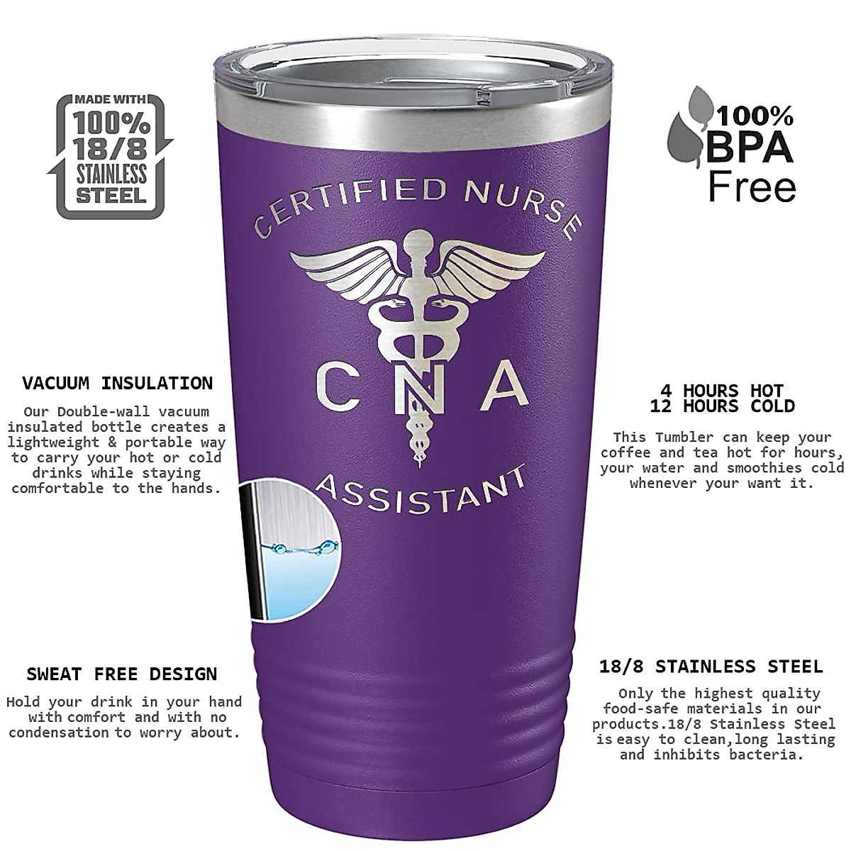 CNA Certified Nurse Assistant Gift on Purple 20 oz Stainless Steel Tumbler with Lid - Insulated Cup - Travel Mug