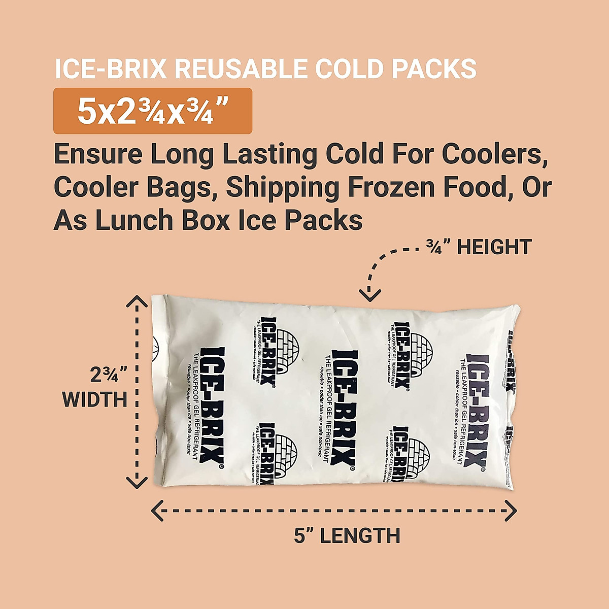 AVIDITI Ice-Brix Ice Packs: Food-Safe Reusable Refrigerant Gel Ice Packs for Instant Reliable Cold in Coolers, Shipping, or Lunch Box - 5” x 2 ¾”, (96 Pack)