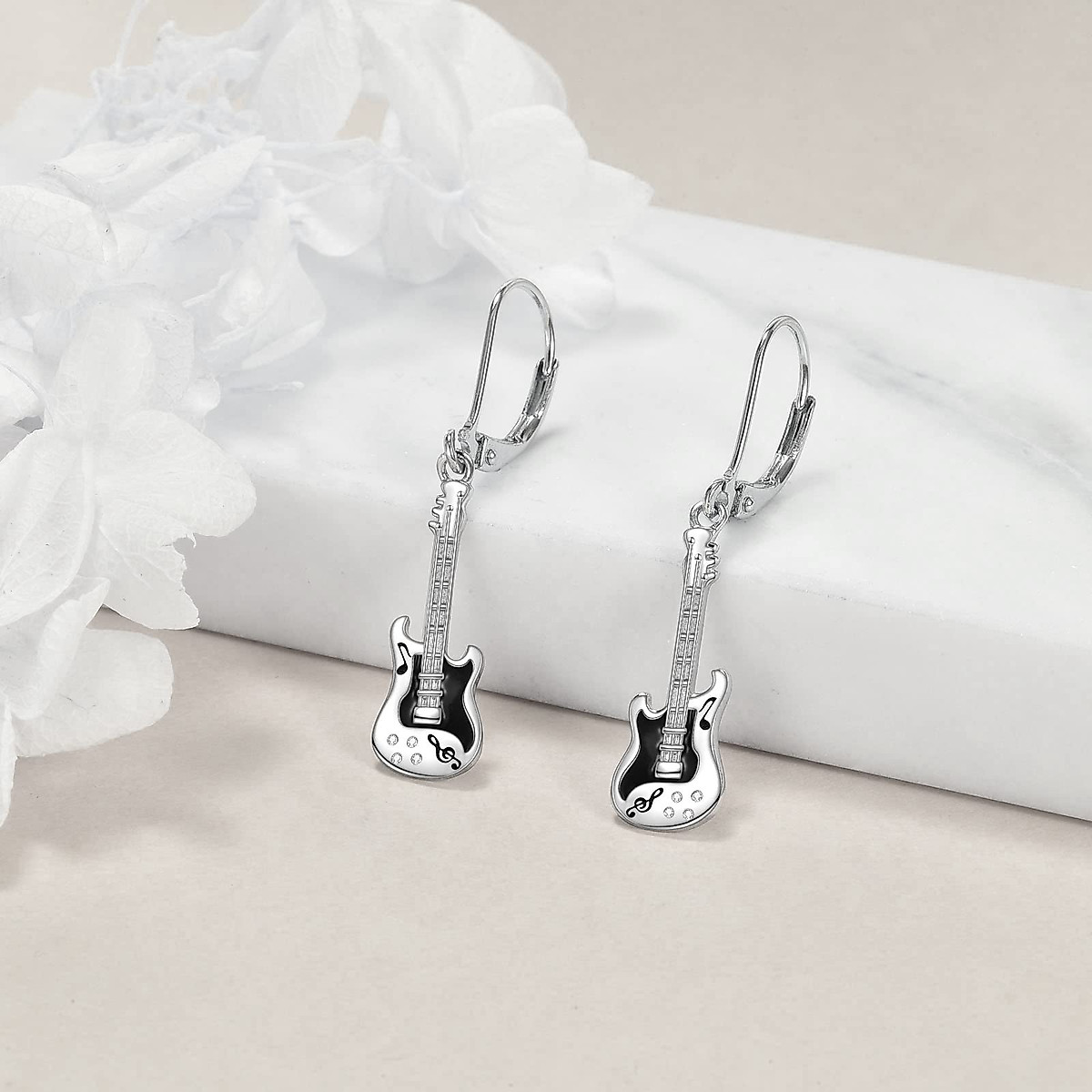 YFN Guitar Earrings Sterling Silver Guitar Jewelry for Women Leverback Music Earrings Gifts for Guitar Players Guitar Lover Guitar Dangle Drop Earrings (black)