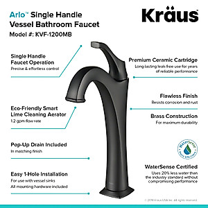 Kraus KVF-1200MB Arlo Bathroom Faucet, Matte Black