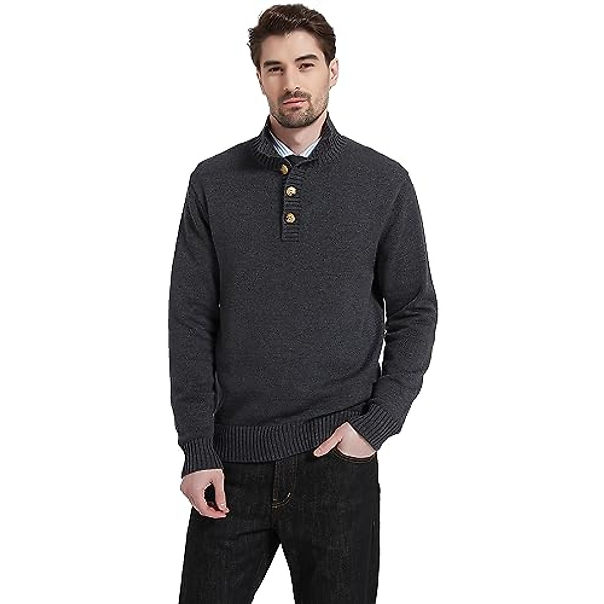 Kallspin Men's Pullover Sweater Wool Midweight Mock Neck Quarter-Button Long Sleeve Pullover(Charcoal Large)