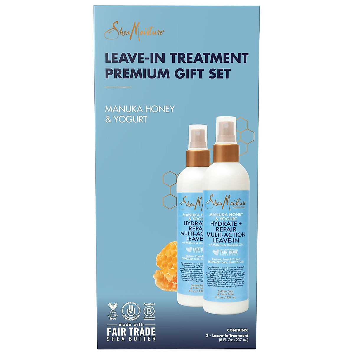 Shea Moisture Manuka Honey & Yogurt Multi-Action Leave-In Conditioner Treatment - Hydrate + Repair, Shea Moisture Curly Hair Products, 8 Oz Ea (Pack of 2)