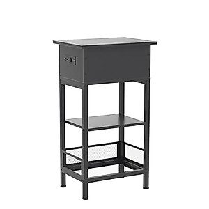 SZLHANJZ Slim End Table, Narrow Nightstand with Charging Station, Slide Open Sofa Bed Side Table with Drawers Storage Shelf, 3-Tier Wood & Metal Modern Nightstand for Home Office Dorm, Black
