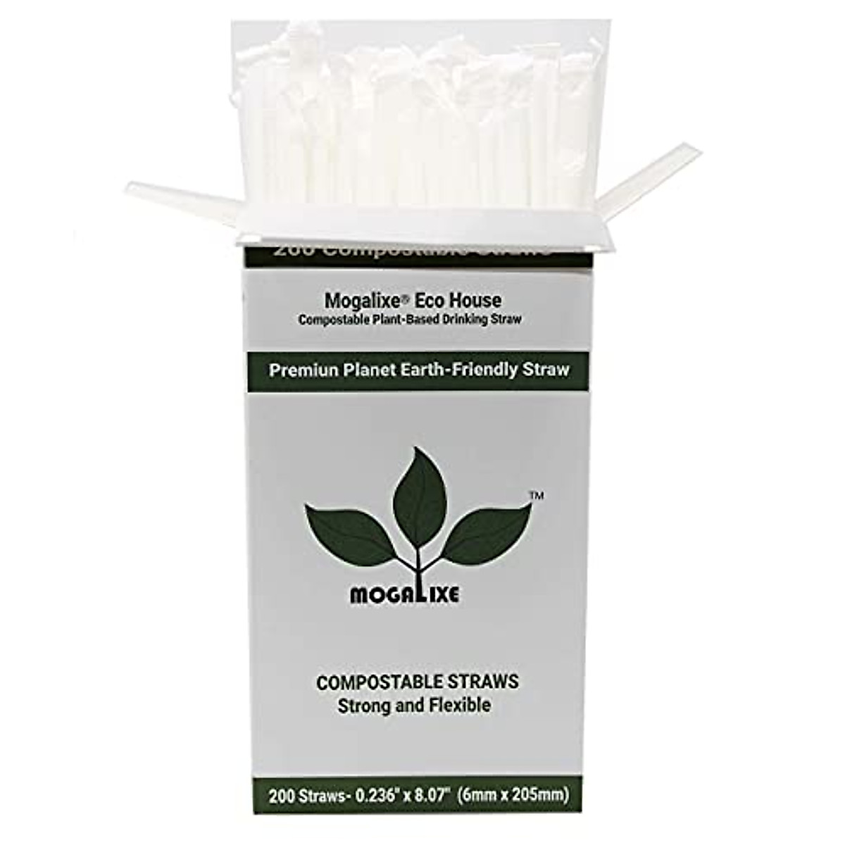 Compostable Straws, 200 Count Total, Mogalixe Certified Drinking Straws, 100% Plant-Based, Flexible, Paper Wrapped, Alternative to Plastic, Great for On The Go, Home, Restaurants... (200-Straws)