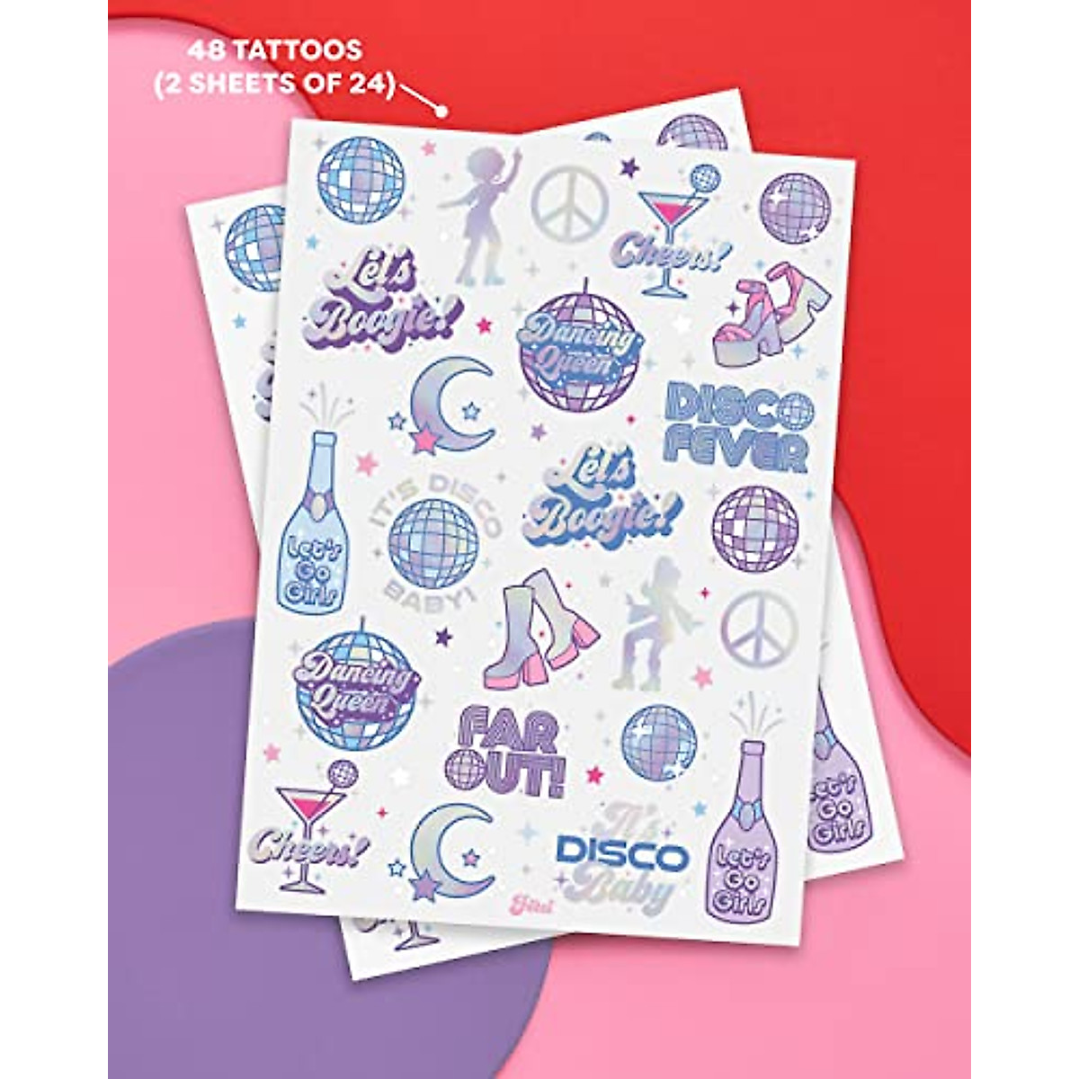 xo, Fetti Disco Birthday Party Temporary Tattoos - 48 Iridescent Foil Pcs | Birthday Girl Party Decorations, Dancing Queen, 70s Groovy Party