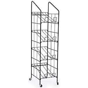 Displays2go Portable Newspaper and Magazine Rack, 4 Angled Shelves, Locking Caster Wheels (Black Steel)