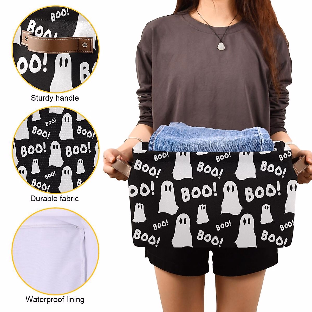 Halloween Boo Ghosts Storage Basket Collapsible Storage Bins Cubes Box Toy Chest Fabric Clothes Hamper Gift Baskets for Shelves Nursery Shoes Home Office with Leather Handles