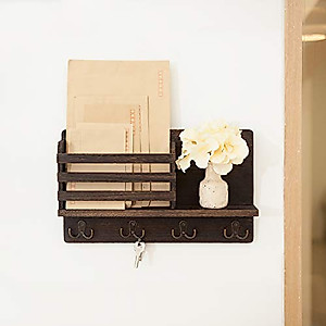 Dahey Wall Mounted Mail Holder Wooden Key Holder Rack Mail Sorter Organizer with 4 Double Key Hooks and A Floating Shelf Rustic Home Decor for Entryway or Mudroom,15.8" W x9.5 Hx2.7 D, Brown