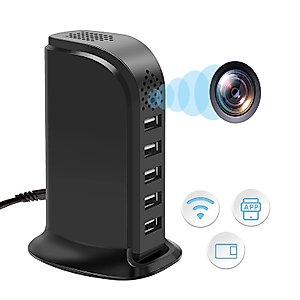 WiFi USB Charger Hidden Camera, Indoor Security Spy Camera with 1080P HD Video Recording, APP Remote View, Motion Detection Alarm Push, 5-Port USB Charging Station, Secret Nanny Cam for Home/Office