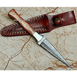 JNR Traders Handmade Damascus Knife Double Edge Arkansas Toothpick Knife Fixed Blade Knives with Leather Sheath 4.5 inch 3656