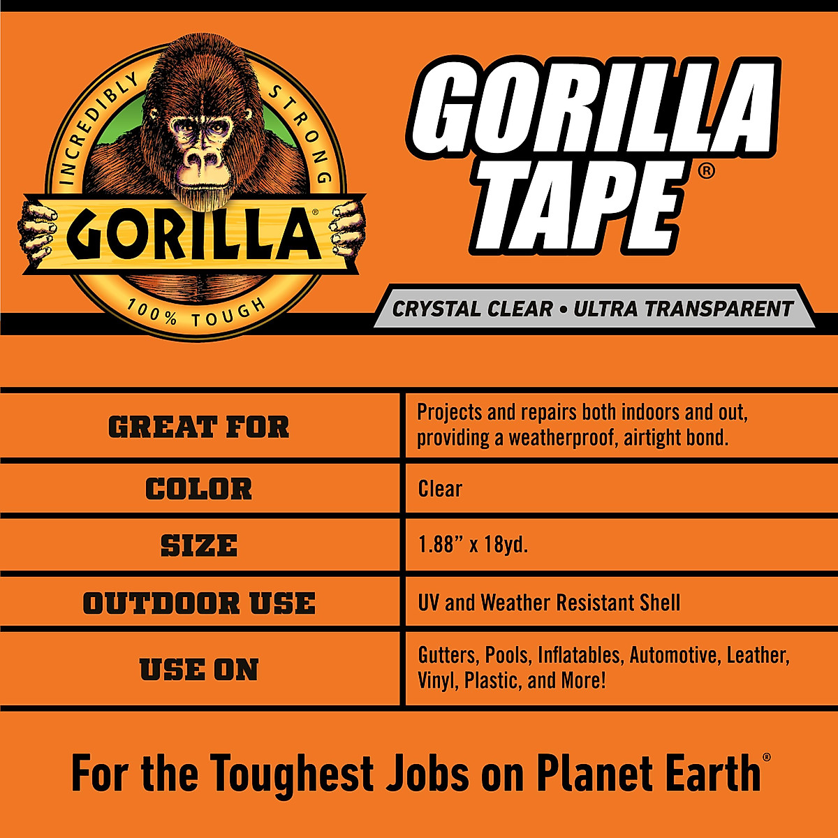 Gorilla Crystal Clear Repair Duct Tape, 1.88” x 18 yd, Clear, (Pack of 1)