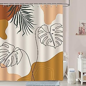 Bonhause Abstract Boho Leaf Shower Curtain Mid Century Modern Minimalist Art Decorative Bath Curtain 72 x 72 Inch Polyester Fabric Waterproof Bathroom Curtain with 12 Hooks