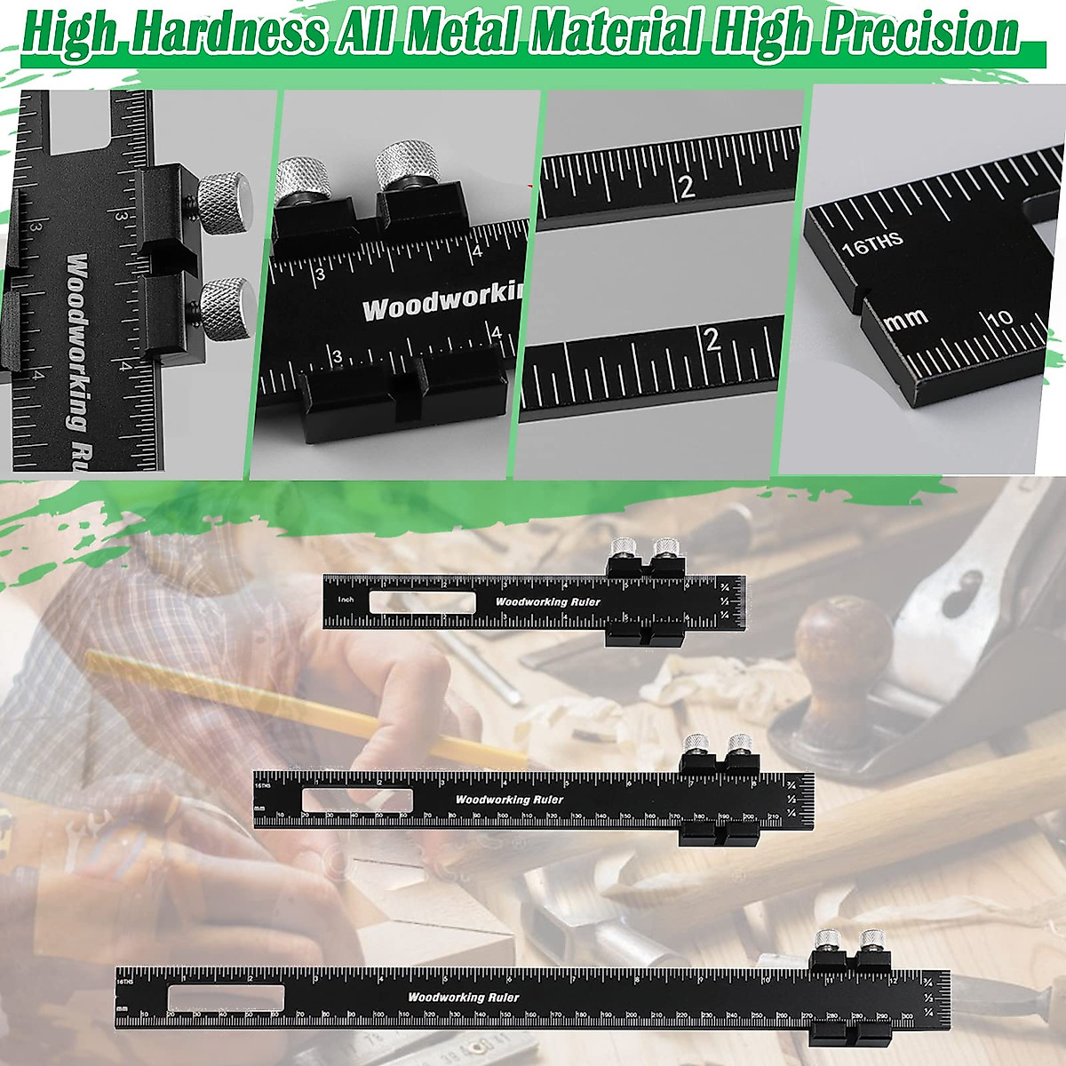 Woodworking Ruler Precision Pocket Rule - 12, 8, 6 Inch Metal Slide Stop Marking Ruler Metric Inch Measuring Wood Working Scribing Rulers Measure Tools - Engineers Woodwork Adjustable Sliding Ruler