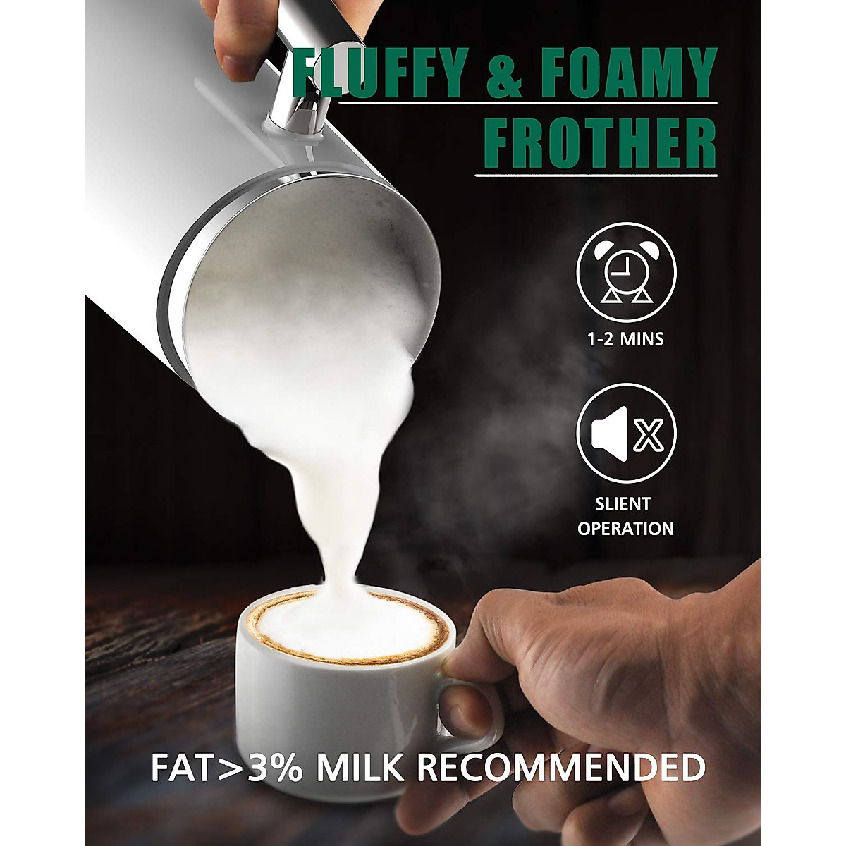 Huogary Milk Frother, Milk Steamer for Milk Foam & Hot Milk(4.5oz/10.5oz), Electric Milk Frother and Warmer for Homemade Coffee, 120V (Black) (white)