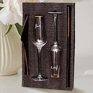 J&A Homes Rose Gold Wedding Cake Knife Server Set and Toasting Flutes - Reception Bride Groom Wedding Party Champagne Glasses Pie Cake Cutting Engagement Gift