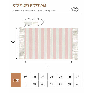 Pink Stripe Bath Rug 2x3ft Woven Bathroom Entryway Runner Rug,White Geometric Striped Modern Boho Minimalist Art Washable Living Room Hallway Bedroom Kitchen Carpet with Tassels Indoor Throw Doormat