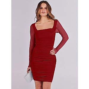 ANRABESS Women's Square Neck Mesh Ruched Bodycon Mini Dress Puff Long Sleeve Sexy Cocktail Party Short Dresses 2024 Large Red
