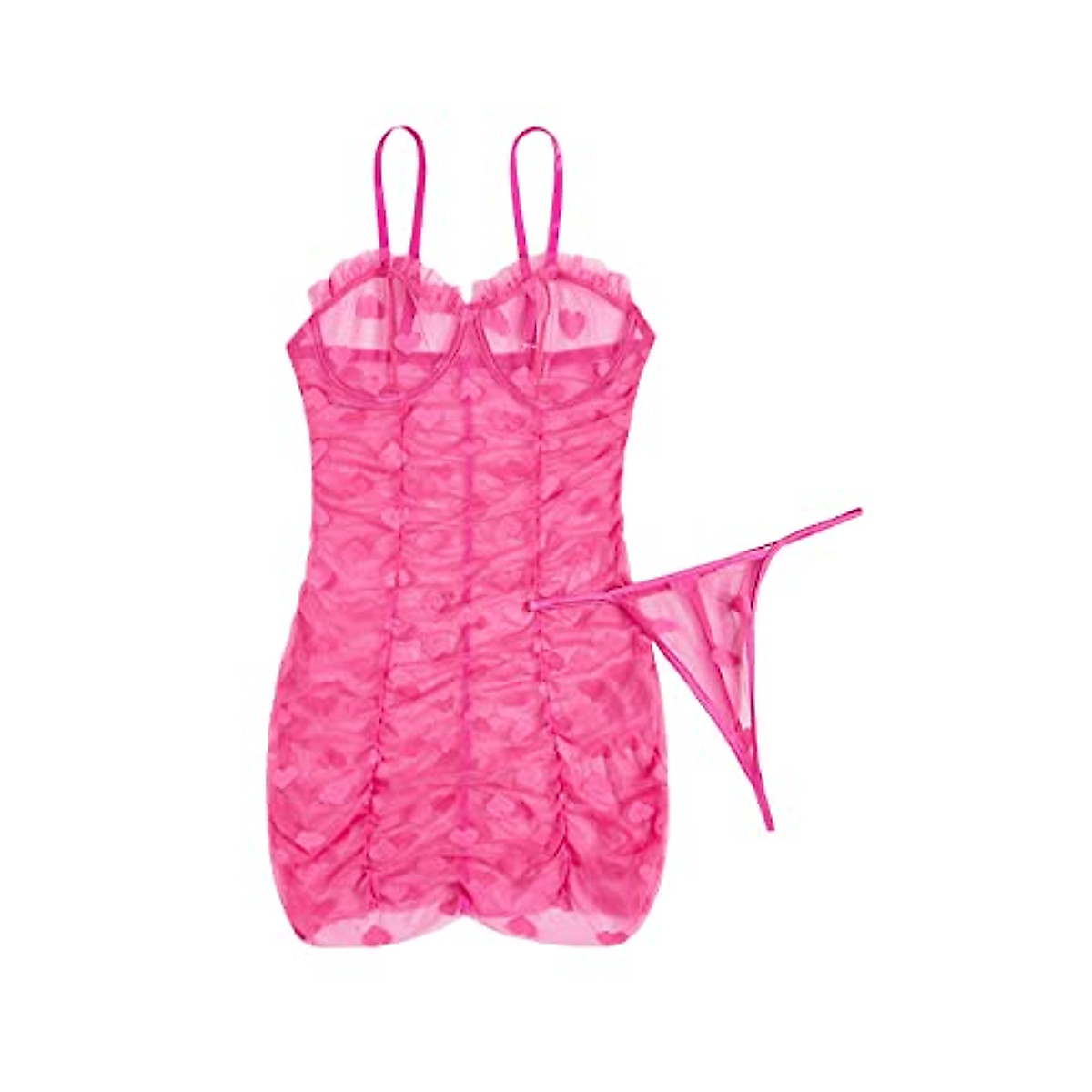 SOLY HUX Women's Sexy Heart Mesh See Through Lingerie Babydoll Sleepwear Sleeveless Ruffle Chemise Nightgown with Thong Solid Hot Pink L