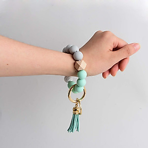 Coolcos Silicone Key Ring Bracelet for Women Portable Keychain Holder, Car Keychain Elastic Beaded Wristlet with Tassel (Mint Green)